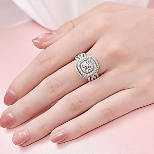 SHELOVES Engagement Wedding Ring Set for Women Double Halo Sterling Silver Round White AAAAA Cz Size 6.5