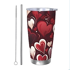 Tangopi Red Heart 20 oz Tumbler with Lid and Straw Insulated Travel Coffee Mug Reusable Spill Proof Coffee Cups Stainless Steel Water Bottle for Hot and Cold Drinks