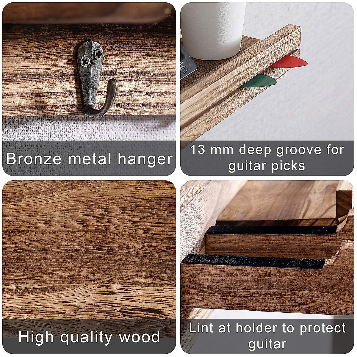 WELLAND Guitar Wall Hanger Guitar Holder Wall Mount, Guitar Accessories Rack with Pick Holder & 3 Hooks