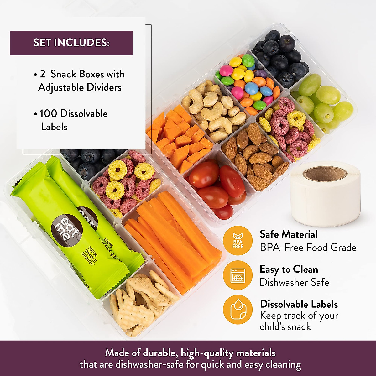 Mothercould Snack Box Set for Kids - 8 Compartments, Reusable Snack Solution with 100 Dissolvable Labels | Easy to Clean, Dishwasher Safe, BPA-Free, Food Grade, Durable and Secure Design (2 Pack)