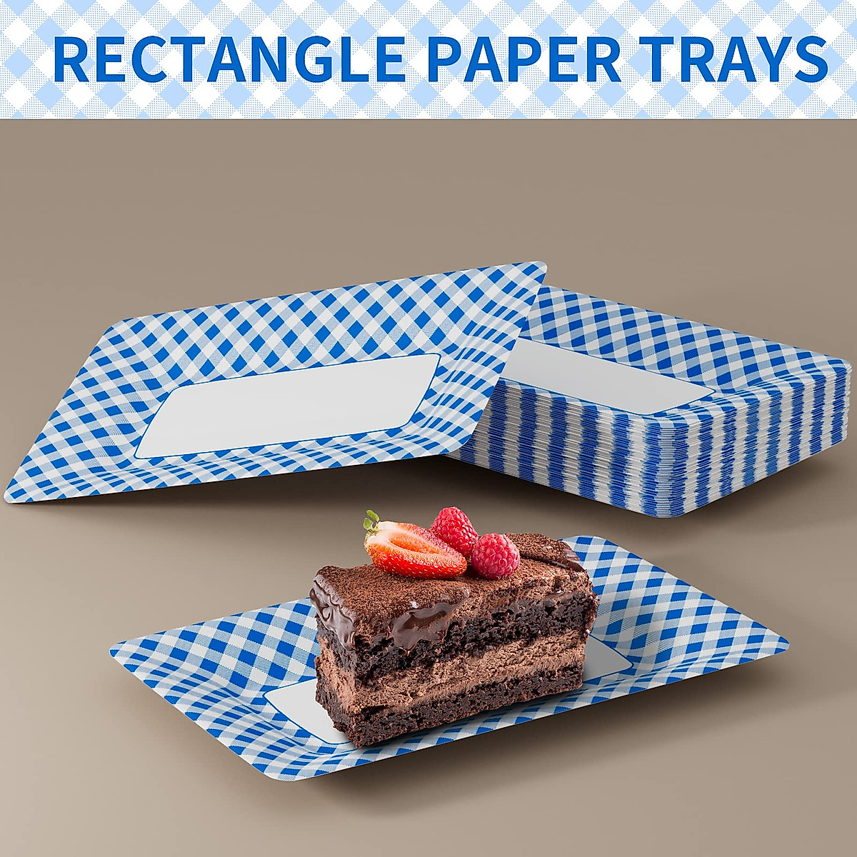 DYLIVeS Blue and White Buffalo Plaid Plates, 9.1 x 5.7 Inch Blue Checkered Disposable Paper Food Trays for Dessert Appetizers Snack Hotdog Rectangular Platters for Picnic, Graduation Party, 50 Pcs