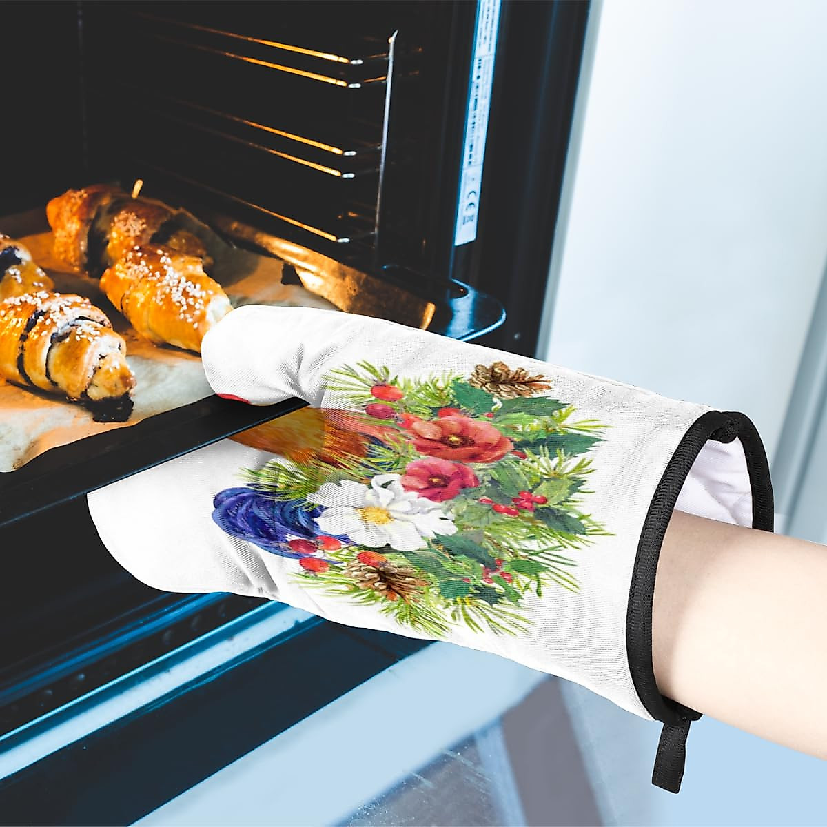 Rooster Bird Oven Mitts and Pot Holders Sets Heat Resistant Non Slip Oven Glove and Insulated Kitchen Counter Mat Suitable for Cooking Baking Grill