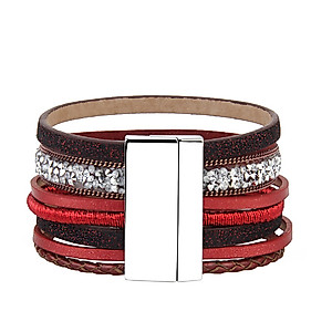 COOLLA Braided Wrap Bracelet Agate Stone Crystal Leather Cuff Bangle Women Bracelet (Red leather bracelet)
