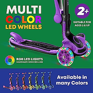 Kids Scooter – Foldable Seat – LED Wheel Lights Illuminate When Rolling – Children and Toddler 3 Wheel Kick Scooter – Adjustable Handlebar – Indoor and Outdoor- Purple - by Lifemaster