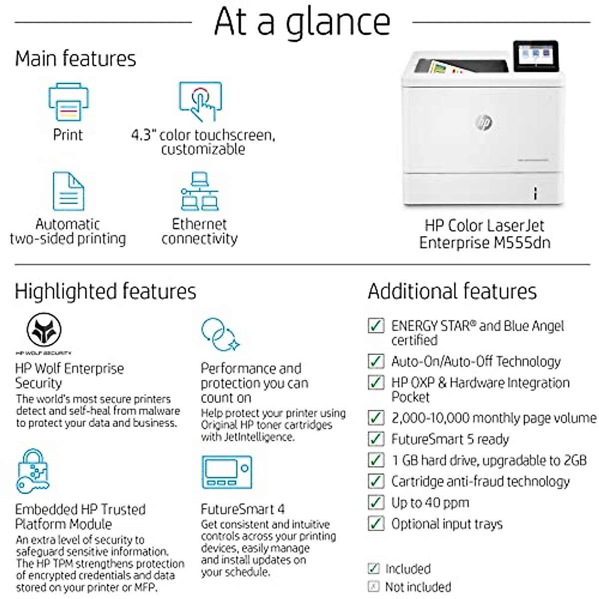HP Color Laserjet Enterprise M555dn Single-Function Wired Ethernet Laser Printer, White - Print only - 4.3" Touchscreen Display, 40 ppm, 600 x 600 dpi, Auto Duplex Printing, USB, Cbmou Printer Cable