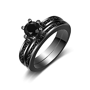 Women's 2pc Black Gold Filled Black CZ Diamond Wedding Engagement Ring Bridal Sets Wedding Band Solitaire Set (size 9)