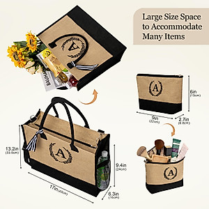 CRSTAFU Beach Tote Bag with Zipper, Burlap Tote Bag for Women, Personalized Monogrammed Birthday Gifts for Women, Bolsos de Mujer with Exquisite Initials Embroidery Pattern (M)