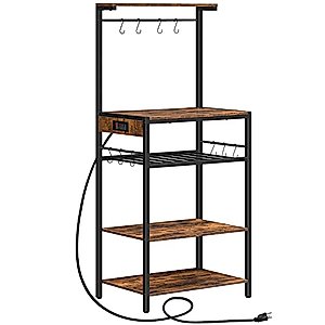 HOOBRO Bakers Rack with Power Outlet, 4-Tier Microwave Stand with Adjustable Wine Rack, Coffee Bar with 10 S-Shaped Hooks, for Kitchen, Living Room, Dinning Room, Rustic Brown BF60UHB01