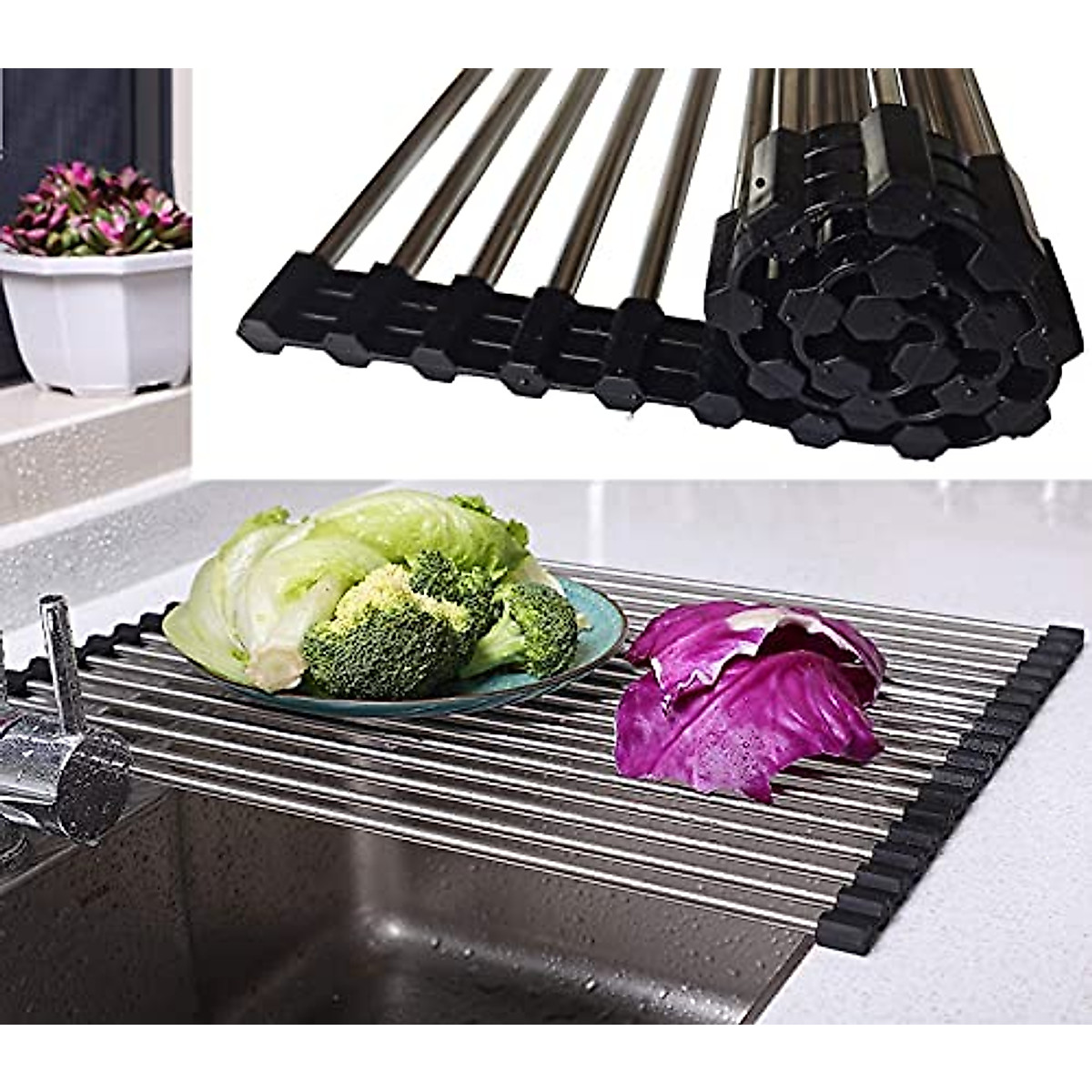 Roll Up Dish Drying Rack Over The Sink Dish Drying Rack Portable Stainless Steel Rolling Rack Kitchen Rolling Dish Drainer Sink Rack Mat Dish Racks for Kitchen Sink Counter (17.7" L x 13" W, Black)