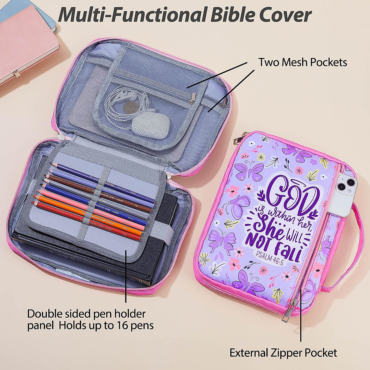 Pink Dino Bible Covers for Women Girls, Large Bible Case with Multiple Zippered Pocket Bible Carrying Bag with Removable Pen Slots for Bible Study,Purple