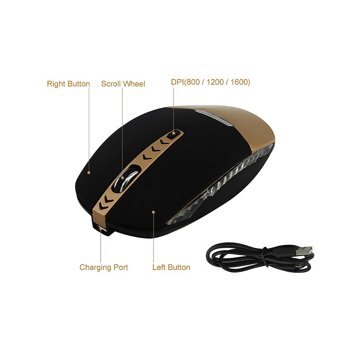 Bluetooth Wireless Mouse,Dual Mode Bluetooth 4.0 Mouse 2.4G Optical Mouse with USB Receiver,Rechargeable 4 Adjustable 1600 DPI for Small Hand,PC, Laptop, Windows, Android, OS System(Black and Gold)