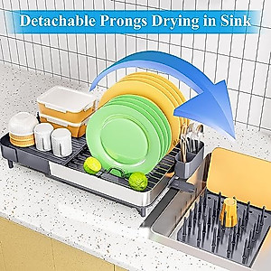 Dish Drying Rack - Expandable Dish Racks - Large Stainless Steel Dish Drainer for Kitchen Counter with Utensil Holder and Cup Holder, Grey
