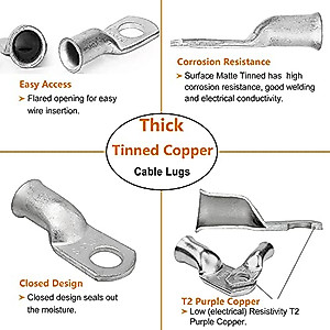 PONFY 10PCS Tinned Pure Copper Battery Lugs,1/0 AWG - 1/2" UL Listed Ring Terminals Wire Lugs Battery Cable Ends Tin Coated Heavy Duty Closed End Crimp Connectors Kit - Marine Grade