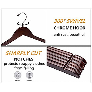 Amber Home Smooth Walnut Finish Solid Wood Shirt Dress Hangers 20 Pack, Sturdy Wooden Coat Hangers with Precisely Notches, Clothes Hangers for Jacket, Camisole, Bridal (Walnut, 20)