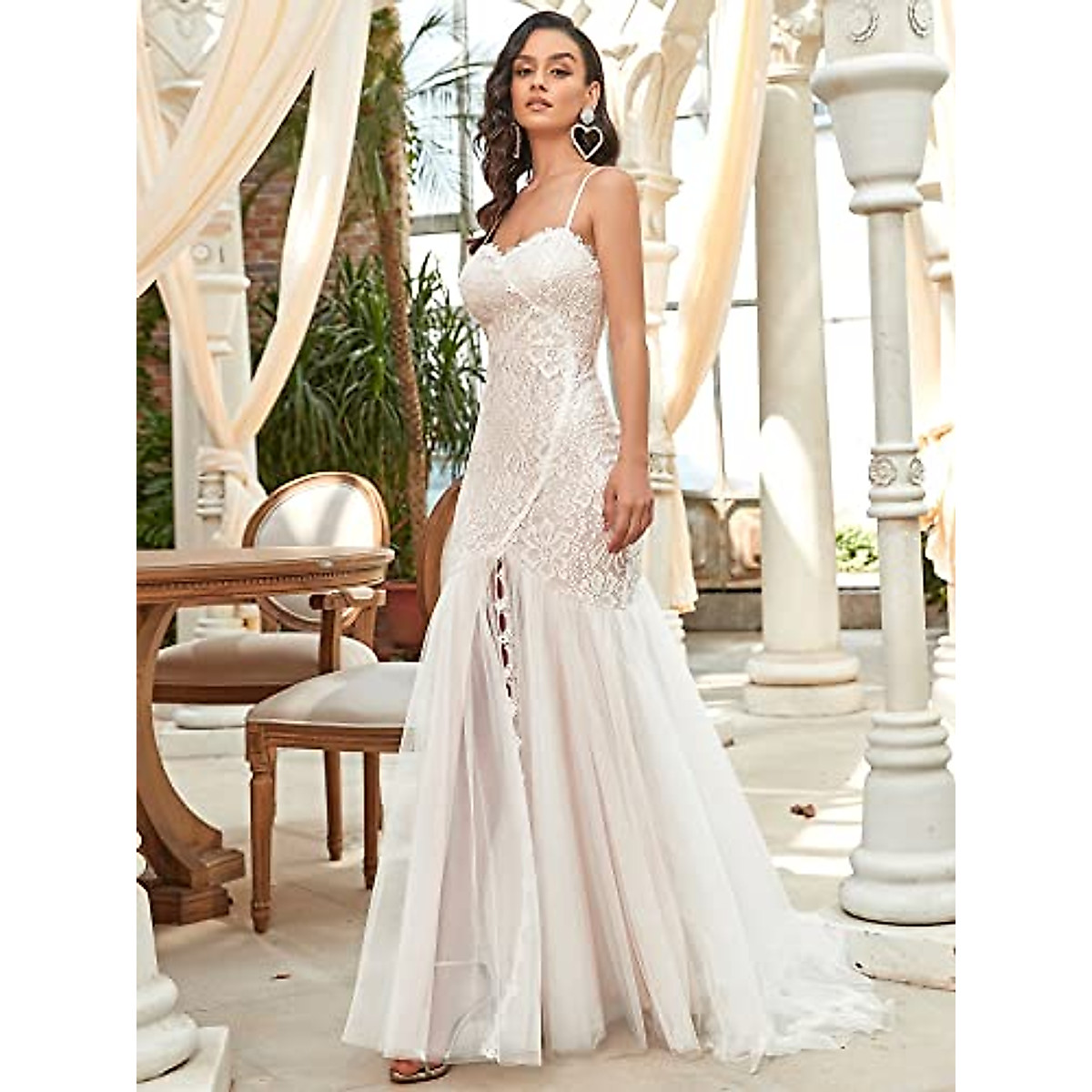 Ever-Pretty Womens Open Back Lace Floor Length Bridal Dress with Long Lace Trian White US6