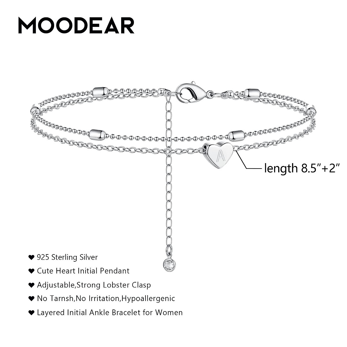 Moodear Silver A Initial Ankle Bracelets for Women - Waterproof Layered Sterling Silver Anklets Dainty Heart Charm Letter Anklet for Her