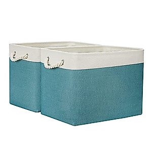 Temary Fabric Baskets Storage Baskets for Organizing 2 Pcs Decorative Baskets for Gifts Empty Collapsible Storage Bins for Home Office Closet(White&Teal,16Lx12Wx12H Inches)