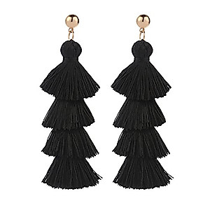 BaubleStar Fashion Gold Tassel Dangle Earrings Layered Long Bonita Tiered Black Thread Tassel Drop Statement Jewelry for Women