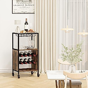 SZLHANJZ Wine Cart, Small Liquor Cart with Glass Holder, Rolling Side Table for Beverage Serving, Wood and Metal Bar Cart with Wine Rack for Home Bar, Kitchen, Living Room, Rustic Brown