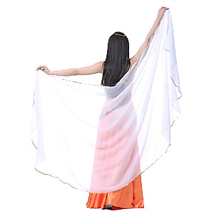 SHOWYOU 98.43" x 47.24" Lightweight Semicircle Chiffon Veil Belly Dance Scarf Blue Veil Scarf Shawls Trimed Gold Sequence (WHITE)