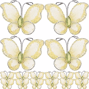 Mesh Glitter Butterfly 50Pcs Sheer Mesh Glitter Butterflies, Mesh Wire Glitter Butterfly with Gem DIY Butterfly Craft for Home Wedding Party Wall Decorations (Yellow)