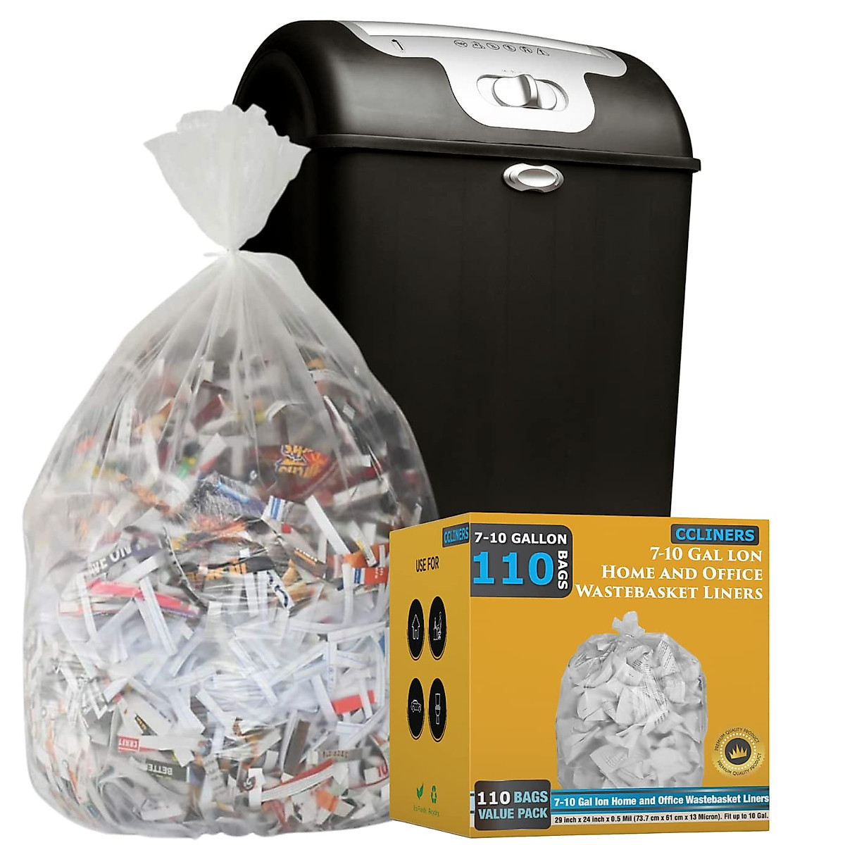 7-10 Gallon Clear Garbage Bags (110 Bags) 29" x 24" Extra Large Medium Kitchen Trash Bags Paper Shredder Bags Can Liners for Home and Office Bins, 110 ct. (Fits 7 Gal, 8 Gal, 9 Gal and 10 Gal Bins)
