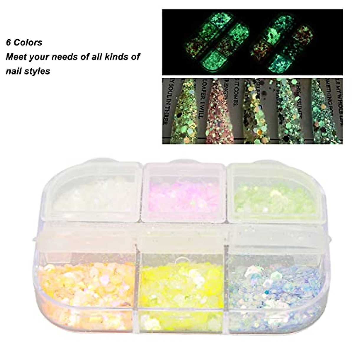 Nail Powder, Nail Glitter Mixed Glitter 6 Colors Aurora Chrome Nail Powder DIY Craft Elegant Nail Dust Sand Powder Nail Art Decoration Luminous Decorative Nail Art Sequins for