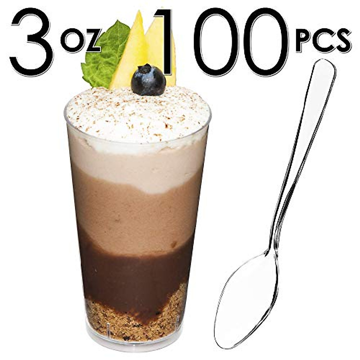 DLux 100 x 3 oz Mini Dessert Cups with Spoons, Shooter - Clear Plastic Parfait Appetizer Cup - Small Reusable Shooter Glass for Tasting Party Shooters Desserts Appetizers - With Recipe Ebook