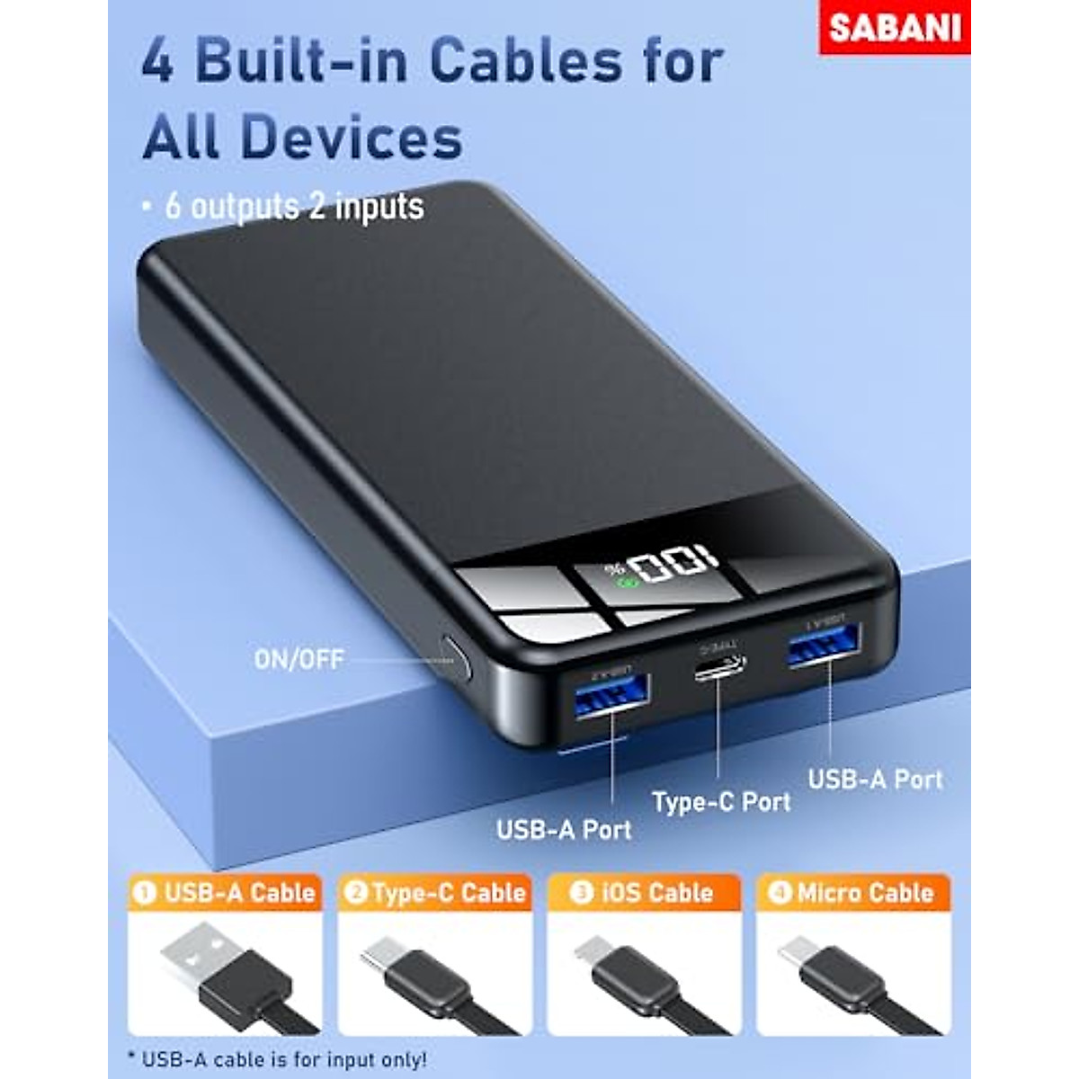 SABANI Portable Charger 35000mAh Power Bank - Portable Battery with 4 Built in Cables, 22.5W Fast Charging Battery Pack Compatible with iPhone 16 15 14 13 Samsung Android Phone etc (1 Pack, Black)