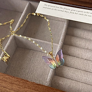 HOLINSE Butterfly Necklace for Women - Fairy Cubic Zirconia Butterfly Pendant Necklaces Titanium Steel (Gold Pink)