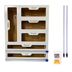 Forever Home 6 IN 1 Ziplock Bag Organizer, Bamboo Foil & Plastic Wrap Organizer for Kitchen Drawer - Compatible with Ziplock Gallon, Quart, Sandwich, Snack, Aluminum Foil etc - White