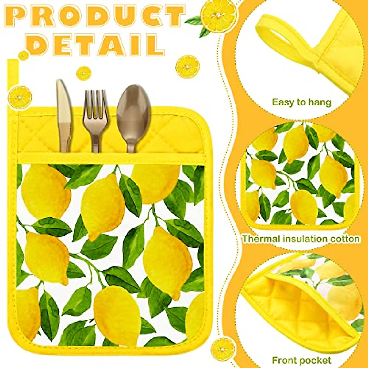 6 Pcs Pot Holders for Kitchen Heat Resistant Yellow Lemon Design Pot Holders with Hand Pockets and Hanging Loops Cotton Hot Pads Dual Function for Kitchen, Cooking, Baking, Grilling, Gifting