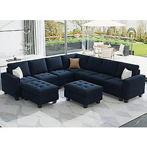 Belffin Oversized Velvet Modular 8-Seat Sectional Sofa Set with Storage Ottoman U Shaped Couch Set Modular Sectional Convertible Sofa Couch with Reversible Chaise Corner Sofa Couch Set Blue