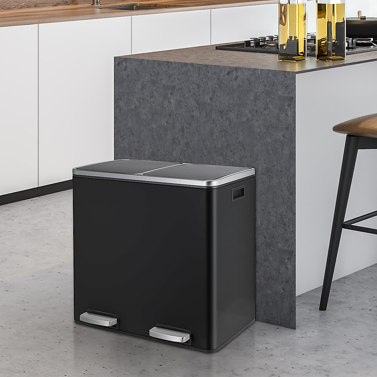 Arlopu 12 GallonStainless Steel Trash Can, 48L Dual Compartment, Metal Kitchen Step Recycle Bin, Metal Double Dustbin, in-Home Garbage Rubbish Can W/Removable Liner Buckets (Black)