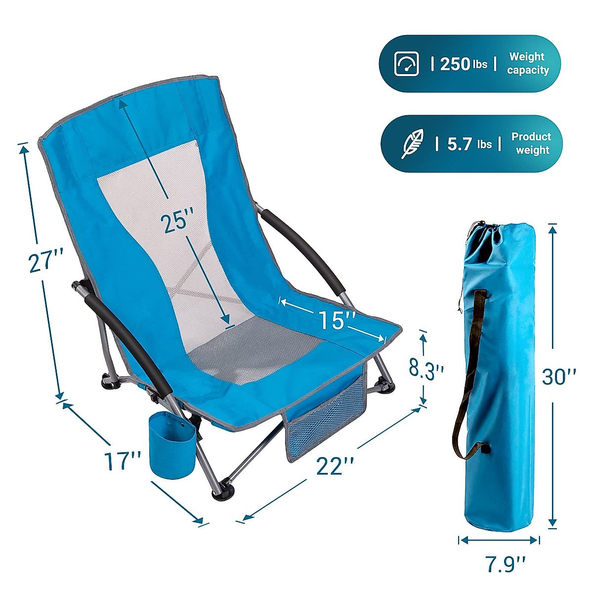 AsterOutdoor Low Sling Beach Chair Folding Lightweight Mesh Back Sand Chair for Camping Outdoor Lawn, Carry Bag Included, Supports 250lbs (2 Count)