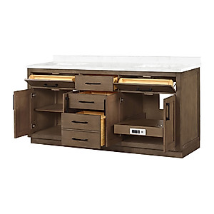 OVE Decors Maya Plus 72 in. Double Sink Bathroom Vanity in Almond Latte Finish, Black Hardware and Included Power Bar