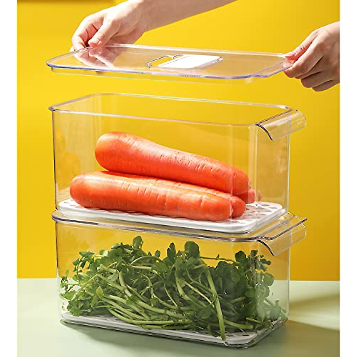 Kingrol 2 Pack Stackable Food Storage Containers, Kitchen Produce Saver Containers, Plastic Refrigerator Organizer Bins with Lid and Removable Drain Tray - Keep Produce, Fruits, Vegetables, Meat Fresh