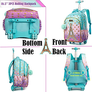 Egchescebo School Bags Kids Rolling Backpack Luggage Suitcase With Wheels Trolley Wheeled Backpacks for Girls Travel Bags 3PCS Cat Backpack With Lunch for kids Sky Blue Bags