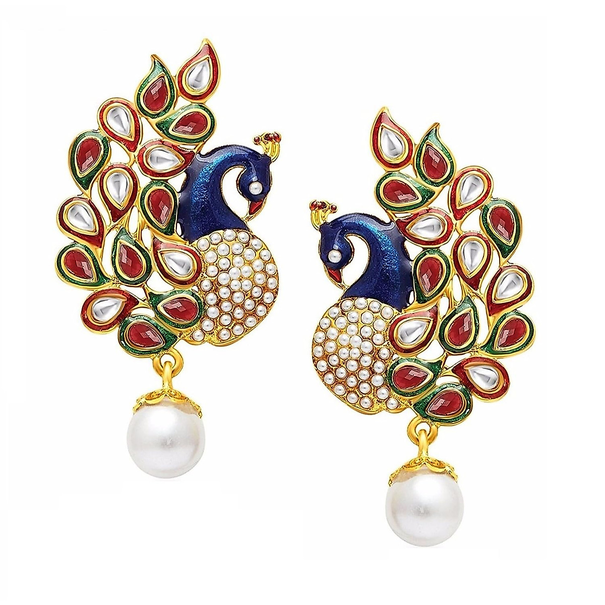 Efulgenz Indian Jewelry Sets for Women Indian Bollywood Multi Layered Traditional Crystal Beaded Wedding Temple Necklace Peacock Earrings Jewelry Set