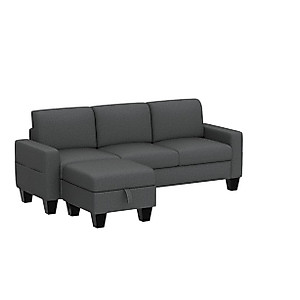 ZeeFu Convertible Sectional Sofa Couch,Dark Grey Linen Fabric Modern 3Seat L Shaped Upholstered Sofa Couch Set with Storage Reversible Ottoman and Pockets for Living Room Small Space Apartment