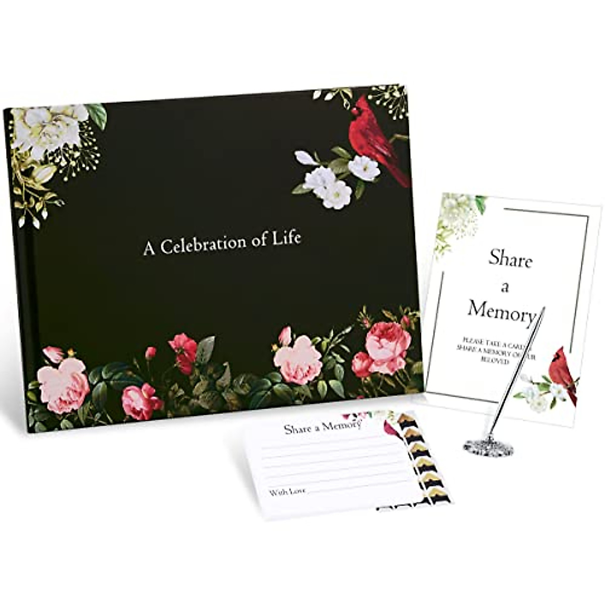 BADAWEN Funeral Guest Book, Celebration of Life Guest Book for Hardcover Green Cardinal Memorial Service Registry Decorations, Silver Pen and Memory Table Card Sign Included, Set of 5