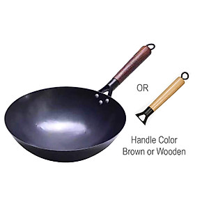 SERENITA Chinese 100% Hand Hammered Iron Woks Stir Fry Pans, Non-stick, No Coating, Less Oil, 34CM, Black Seasoned Wooden handle