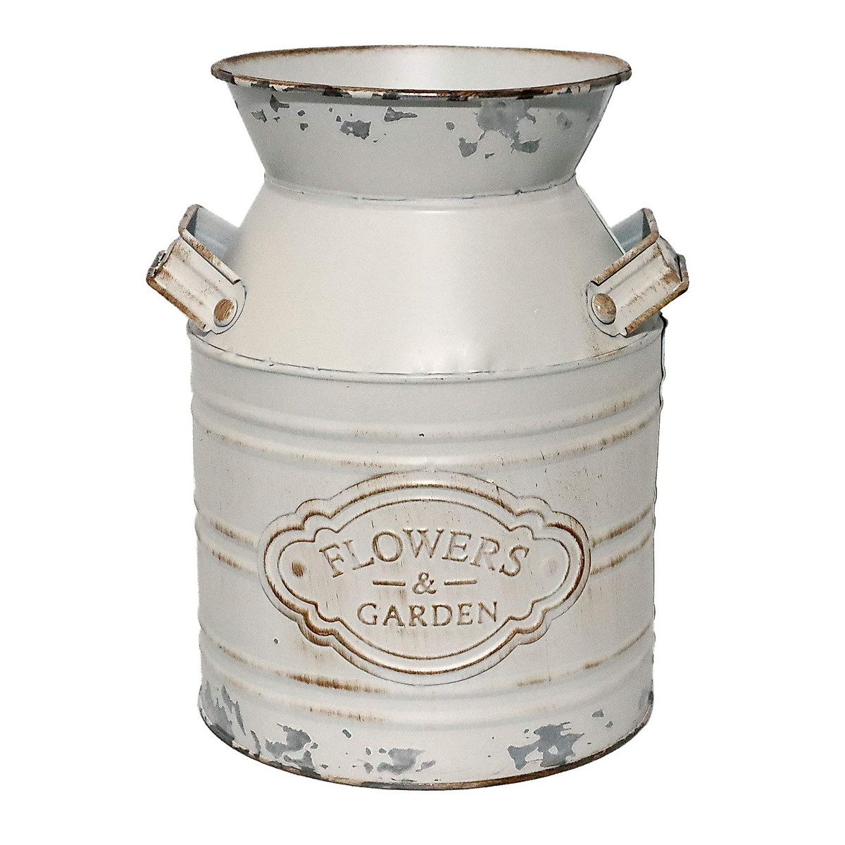 PHILPETY Shabby Chic Classy Designed White Milk Can Galvanized Finish Metal Vase Country Rustic Primitive Decorative Flower Holder, 7.5" H