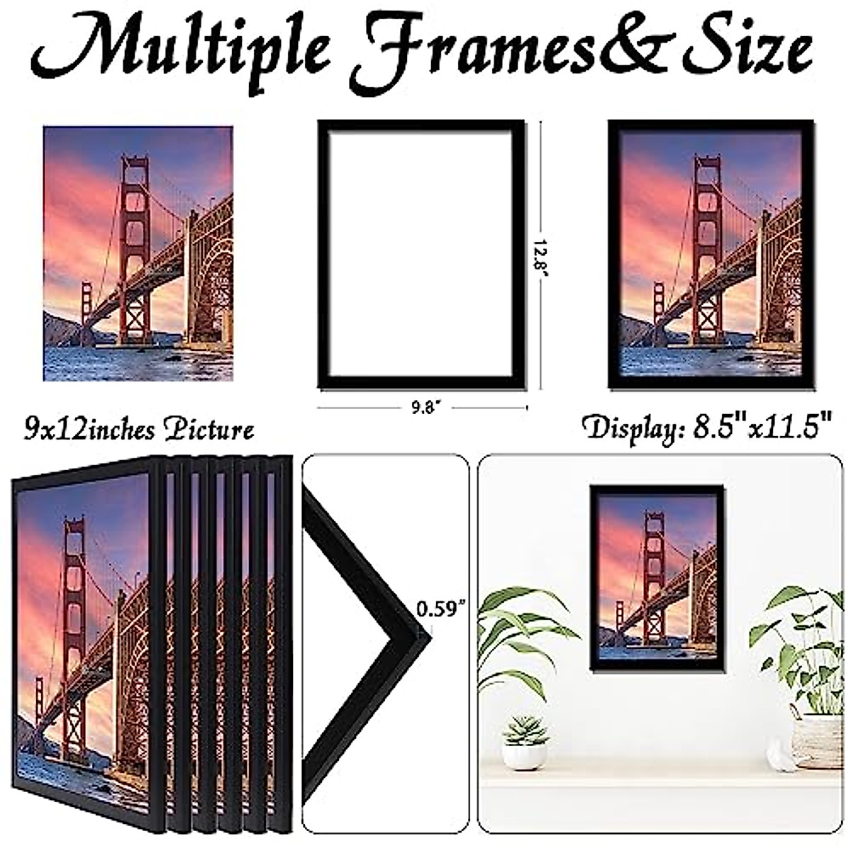 ijuerybai 6 Sets 9x12 Picture Frame, Frames for 9 x 12 Canvas Collage Photo Poster Certificate Wall Gallery, High Transparent Horizontal Vertical Black 9 by 12 Inches