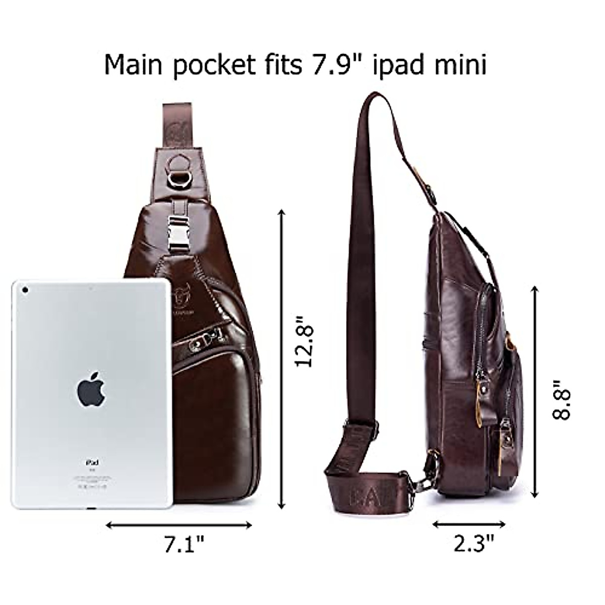 BULLCAPTAIN Men Sling Chest Bag Genuine Leather Casual Multipurpose Crossbody Shoulder Backpack Travel Hiking Daypack (Brown)