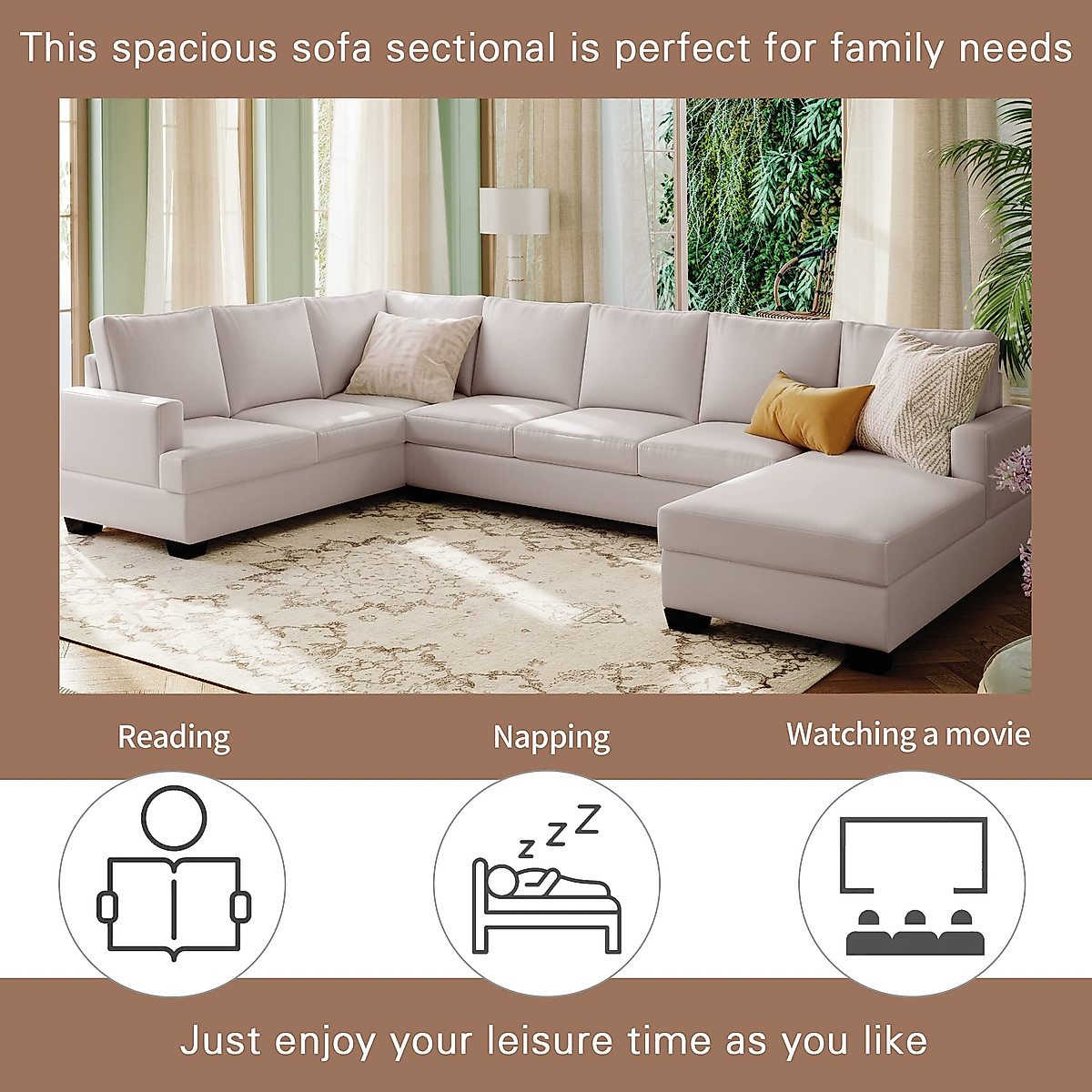 Modern Large U-Shape Sectional Sofa, Soft Linen Fabric Sectional Couch with Removable Cushion,Double Extra Wide Chaise Lounge Couch for Living Room (Beige)
