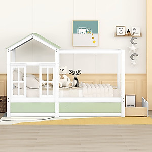 Twin House Bed with Storage Drawer for Kids Wood Cabin Tent Bed Frame for Girls Boys Montessori Beds with Roof and Window Twin Size, Green