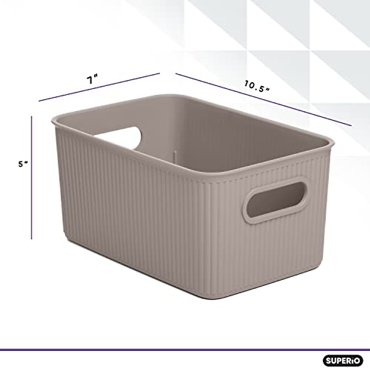 Superio Decorative Plastic Open Home Storage Bins Organizer Baskets, Medium Taupe (4 Pack) Container Boxes for Organizing Closet Shelves Drawer Shelf - Ribbed Collection 5 Liter