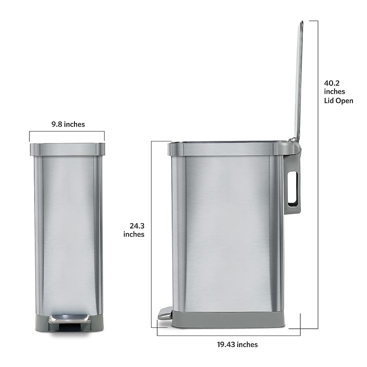 Glad Slim Trash Can with Clorox Odor Protection - Narrow Kitchen Garbage Bin with Soft Close Lid, Step On Foot Pedal and Waste Bag Roll Holder, All Stainless, 45 Liter