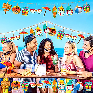 Chunful Summer Tree Ornaments Wood Hanging Decoration Beach Wooden Slices Christmas Winter Tree Ornaments with String for Luau Hawaiian Party Supplies(Beach Style, 30 Pieces)